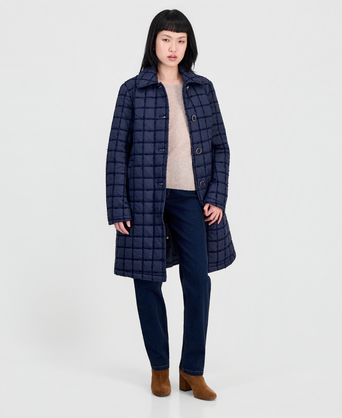 Click here for CeCe Womens Long Windowpane Quilted Coat - Navy prices