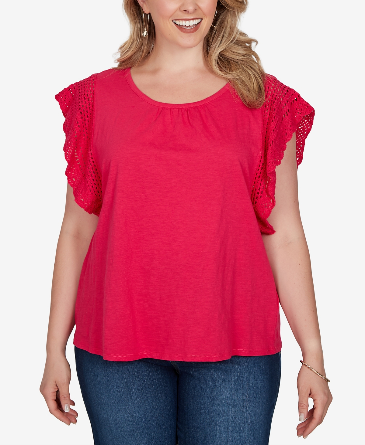 Click here for Ruby Rd. Plus Size Crochet Sleeve Solid Cotton T-S... prices