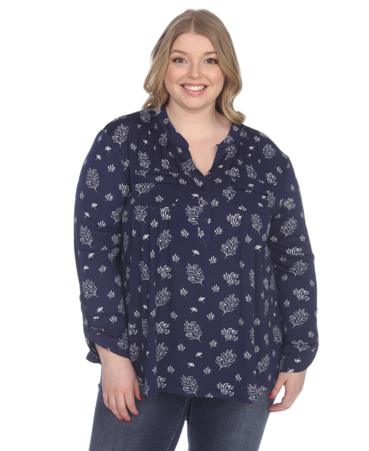 Click here for White Mark Plus Size Printed Long-Sleeve Button-Fr... prices