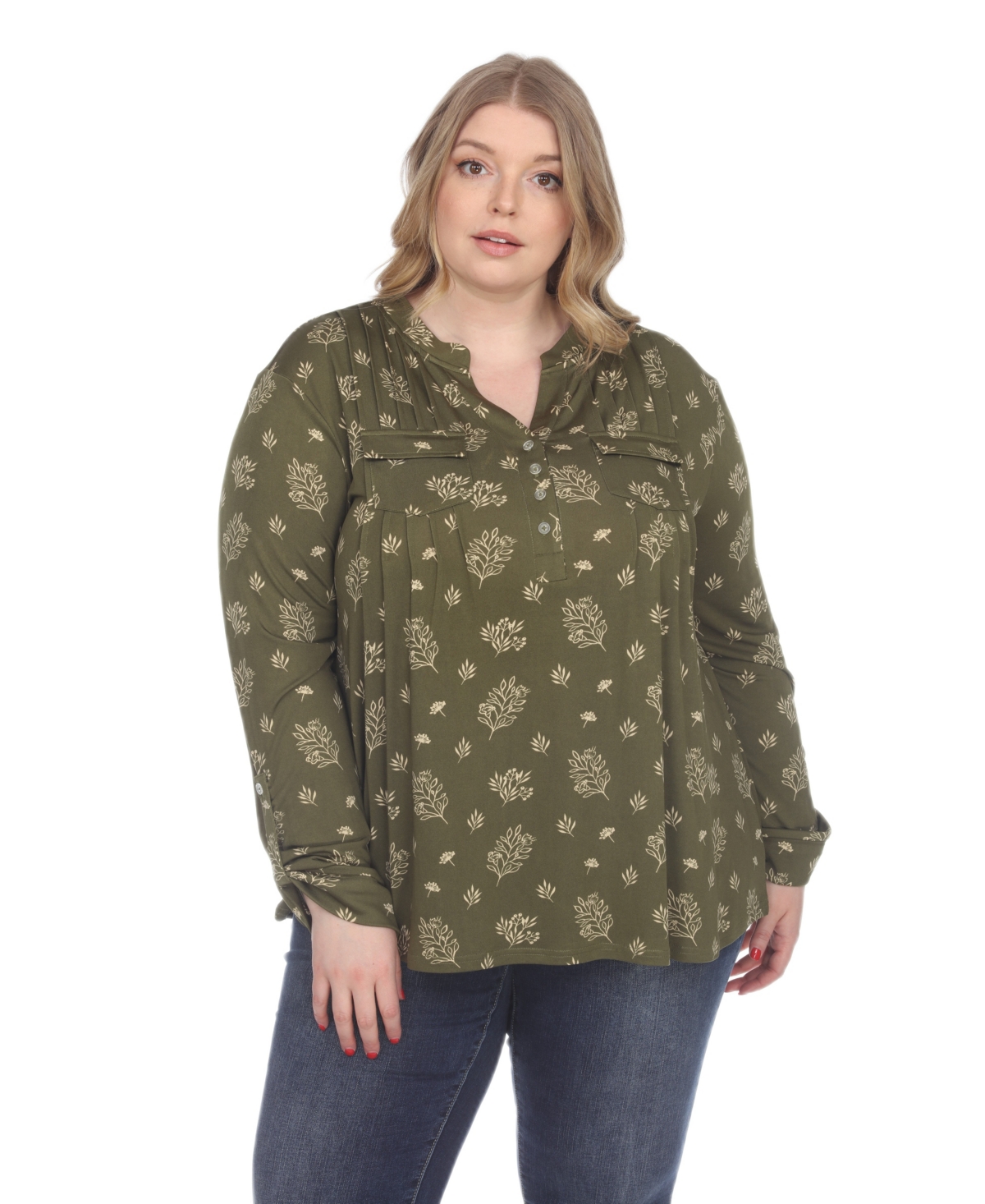 Click here for White Mark Plus Size Printed Long-Sleeve Button-Fr... prices