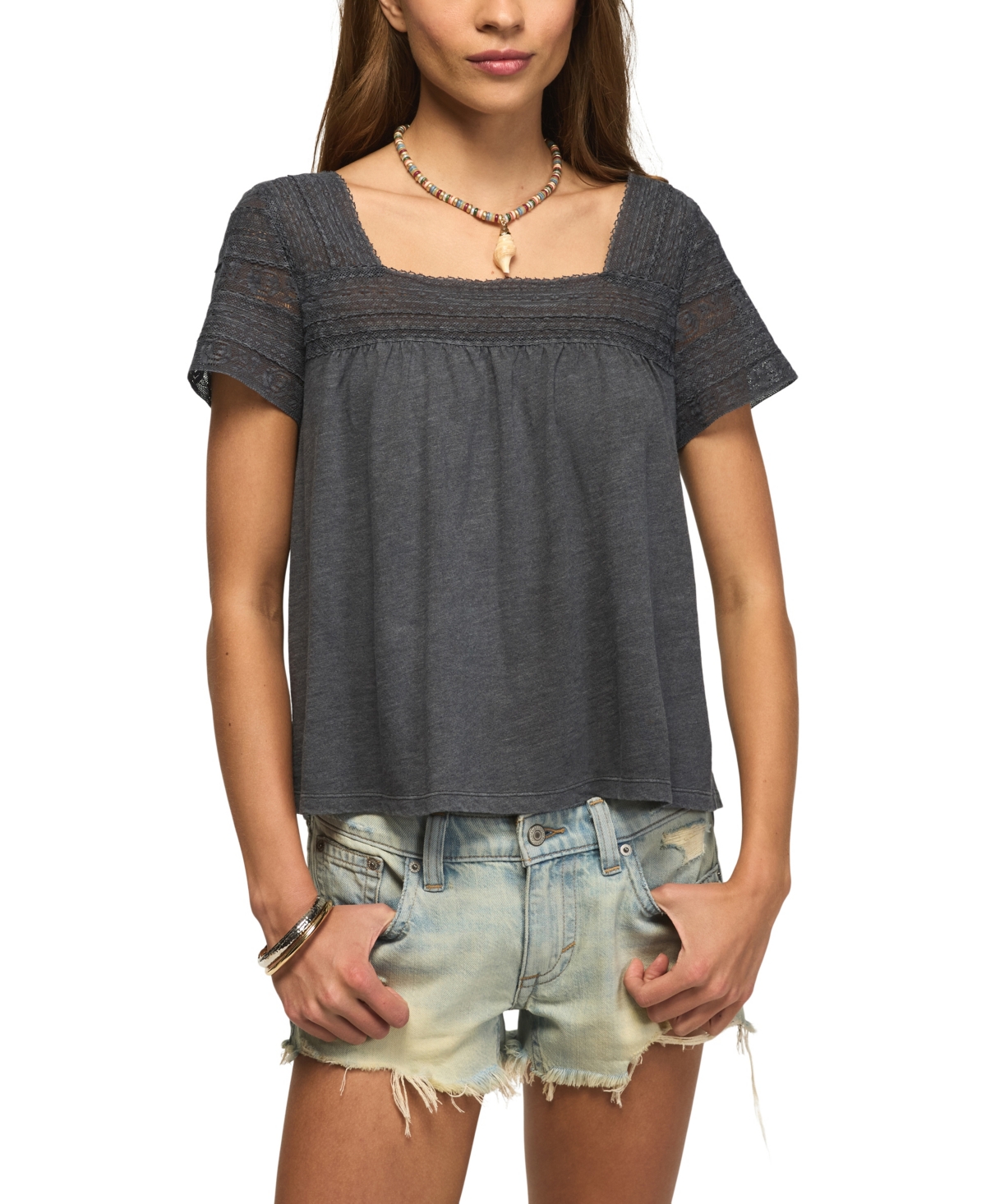 Click here for Lucky Brand Womens Square Neck Lace Trim Swing Top... prices