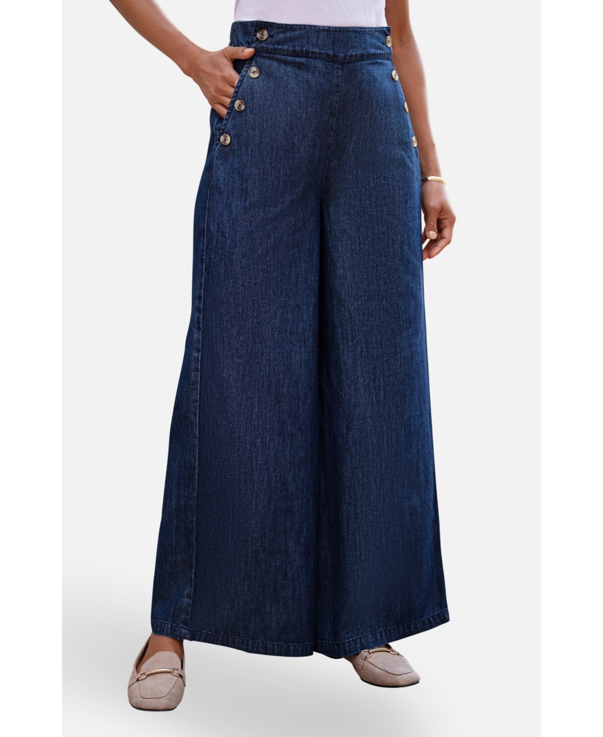 Click here for Yumi Womens Chambray Wide Leg Trousers - Blue prices