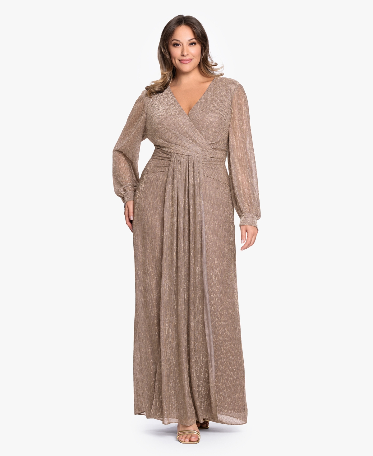 Click here for Betsy & Adam Plus Size V-Neck Lurex Knit Ball Gown... prices