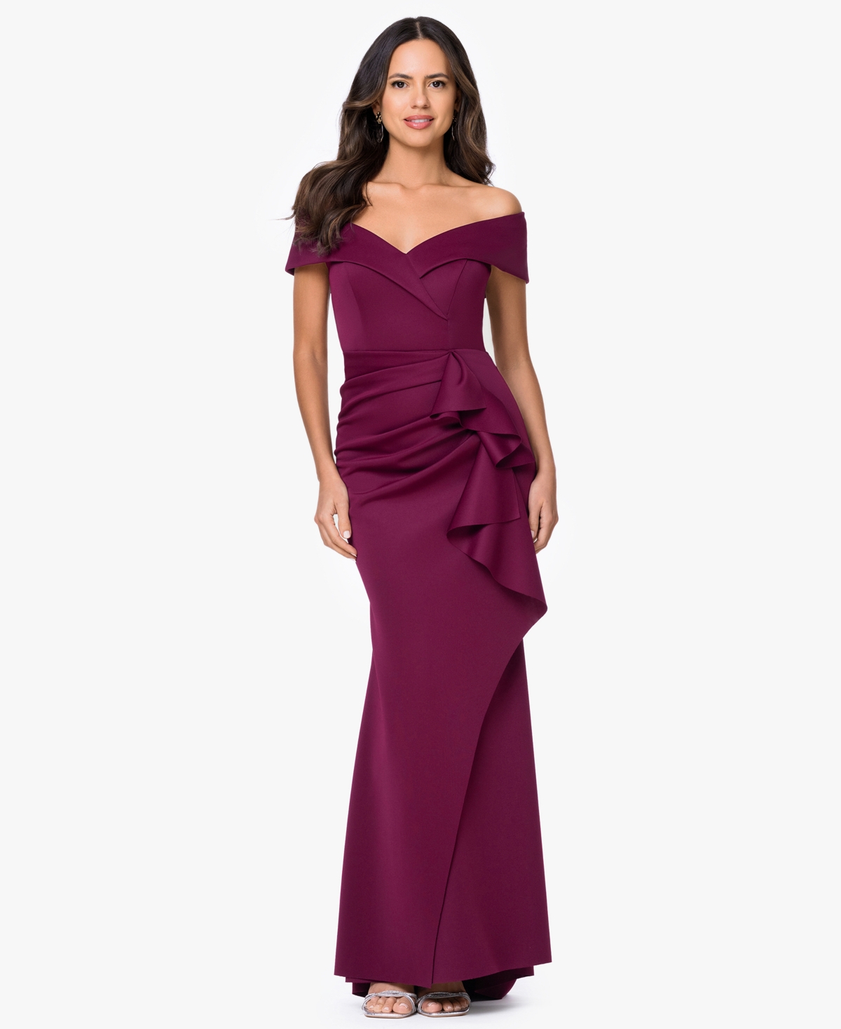 Click here for Xscape Petite Off-The-Shoulder Ruffle Gown - Raisi... prices