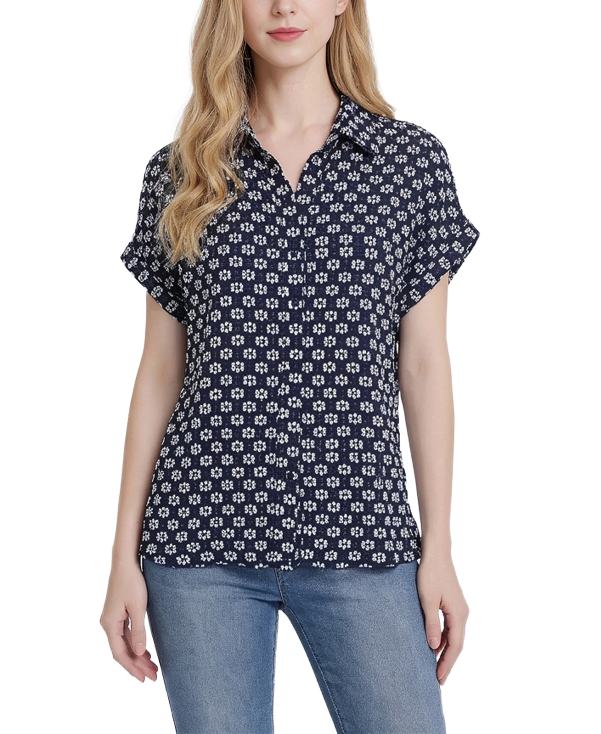 Click here for Ny Collection Womens Short-Sleeve Lace Top - Navy... prices