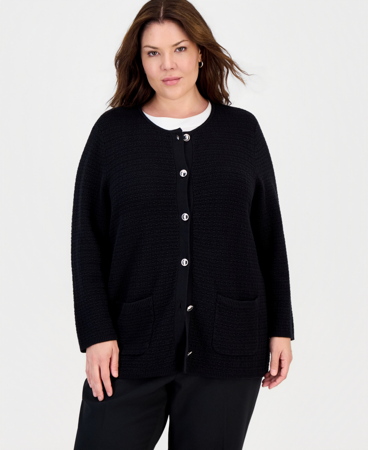Click here for Kasper Plus Size Textured Patch-Pocket Crewneck Ca... prices