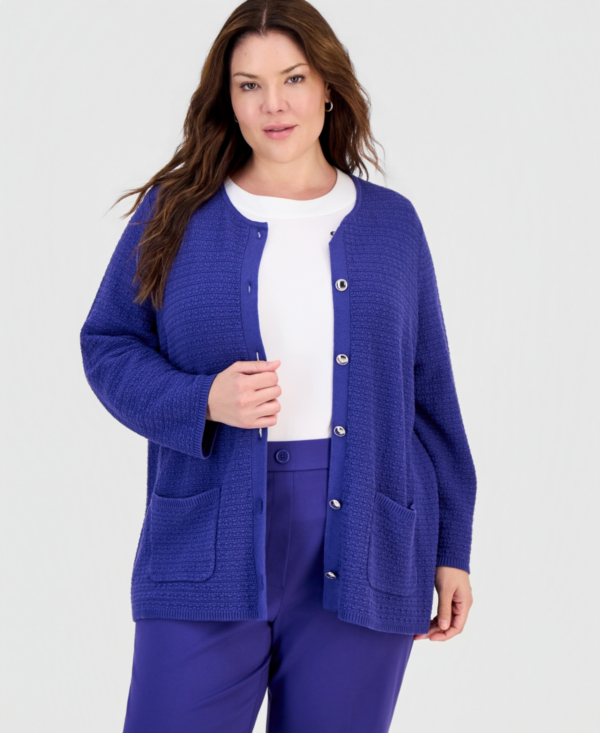 Click here for Kasper Plus Size Textured Patch-Pocket Crewneck Ca... prices