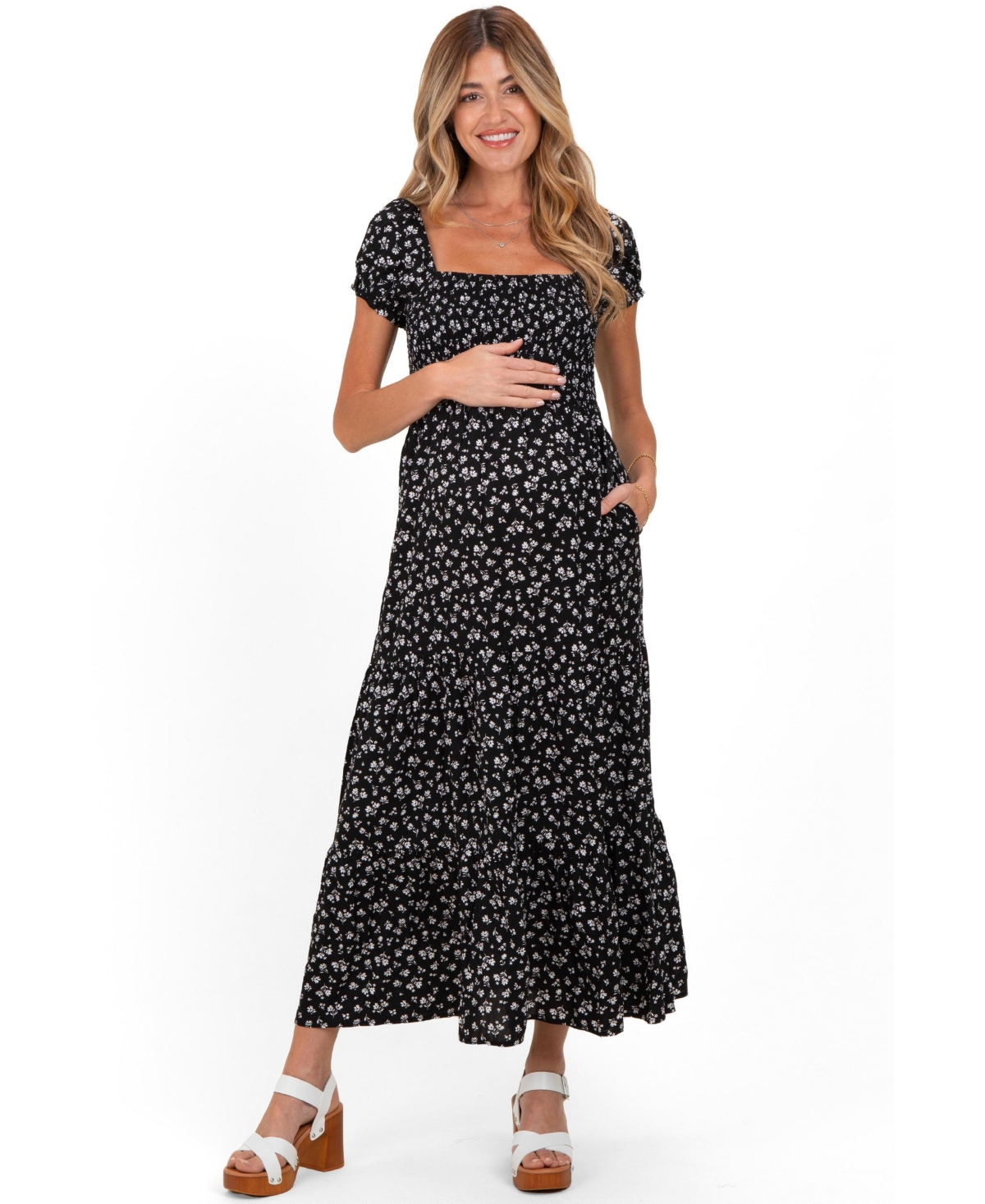Click here for Pinkblush Womens Black Floral Smocked Puff Sleeve... prices