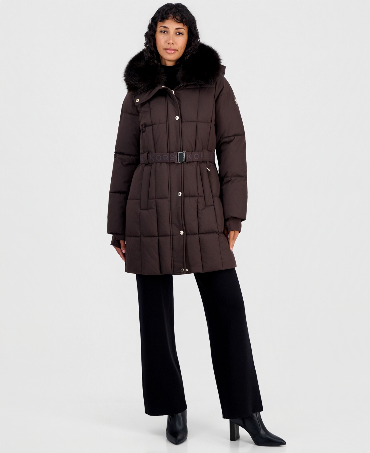 Click here for Michael Kors Womens Hooded Quilted Faux-Fur-Trim P... prices
