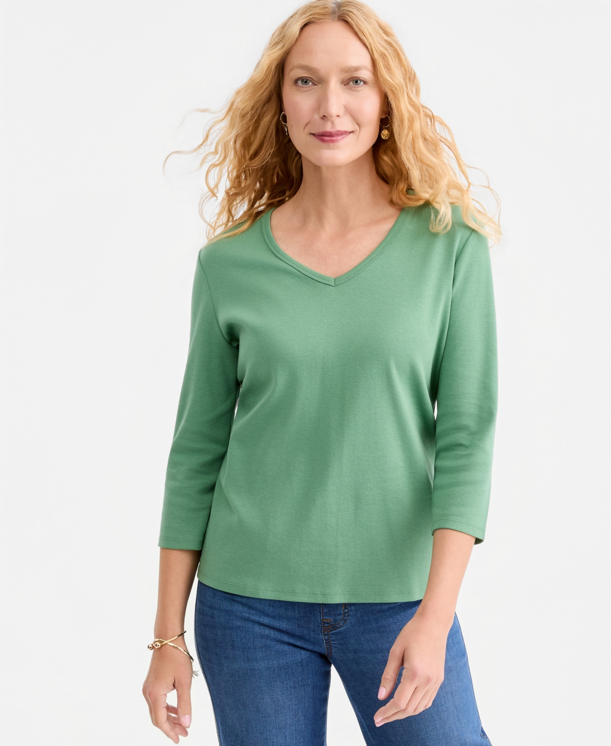 Click here for Style & Co Womens Cotton 3/4-Sleeve V-Neck Tee  Cr... prices