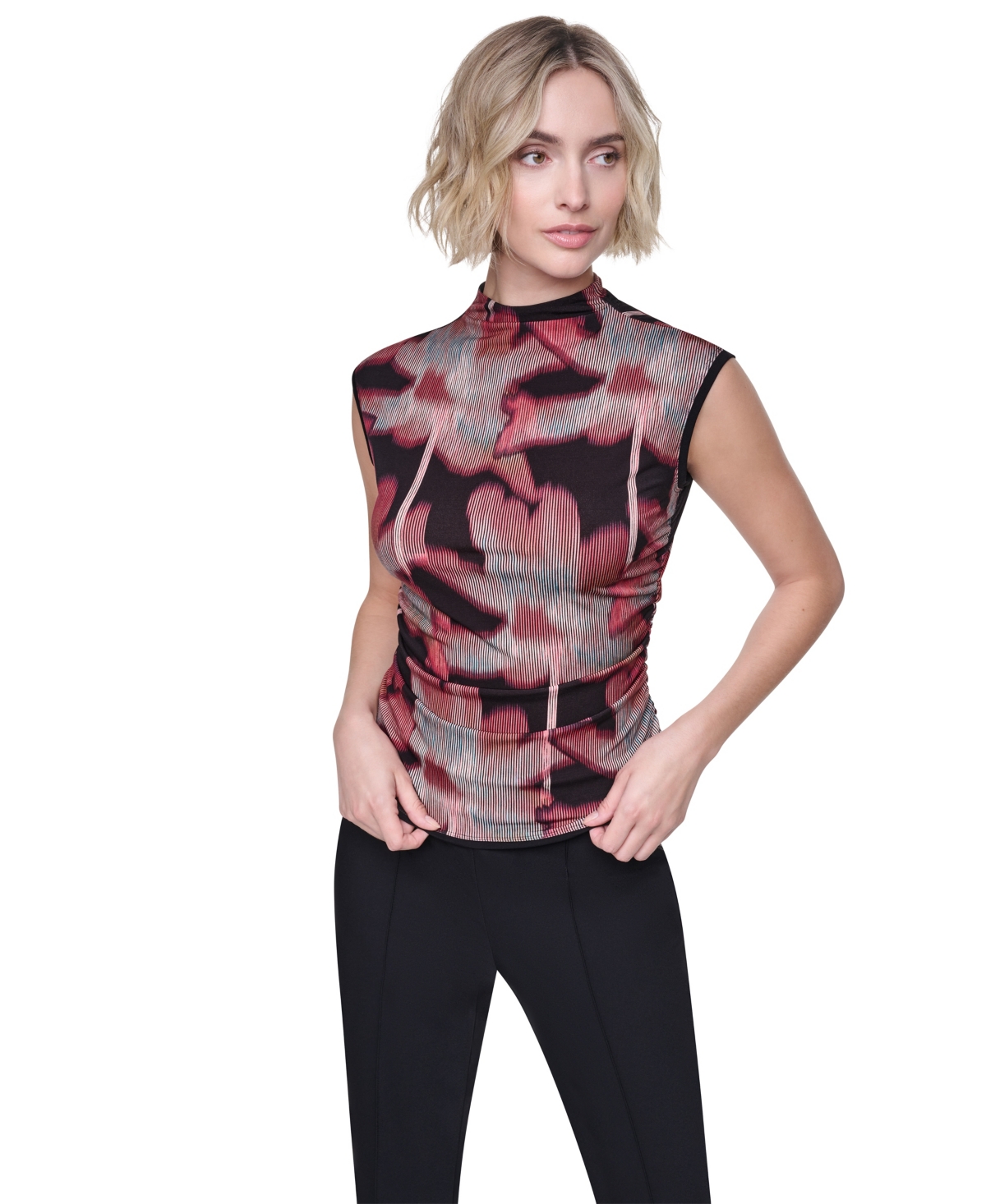 Click here for Dkny Womens Ruched Sleeveless Mock Neck Top - Blac... prices