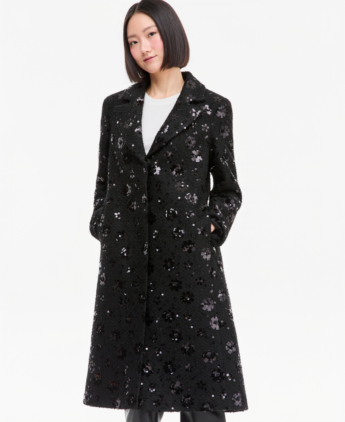 Click here for CeCe Womens Sequin Floral Notch-Collar Coat  Creat... prices