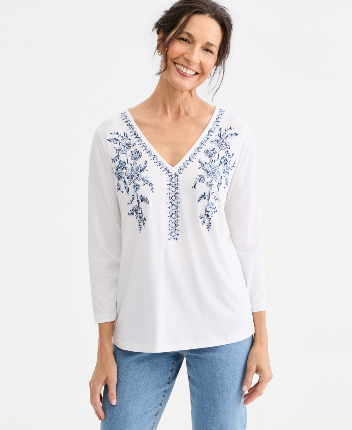 Click here for Style & Co Womens Long-Sleeve Embroidered Knit Top... prices