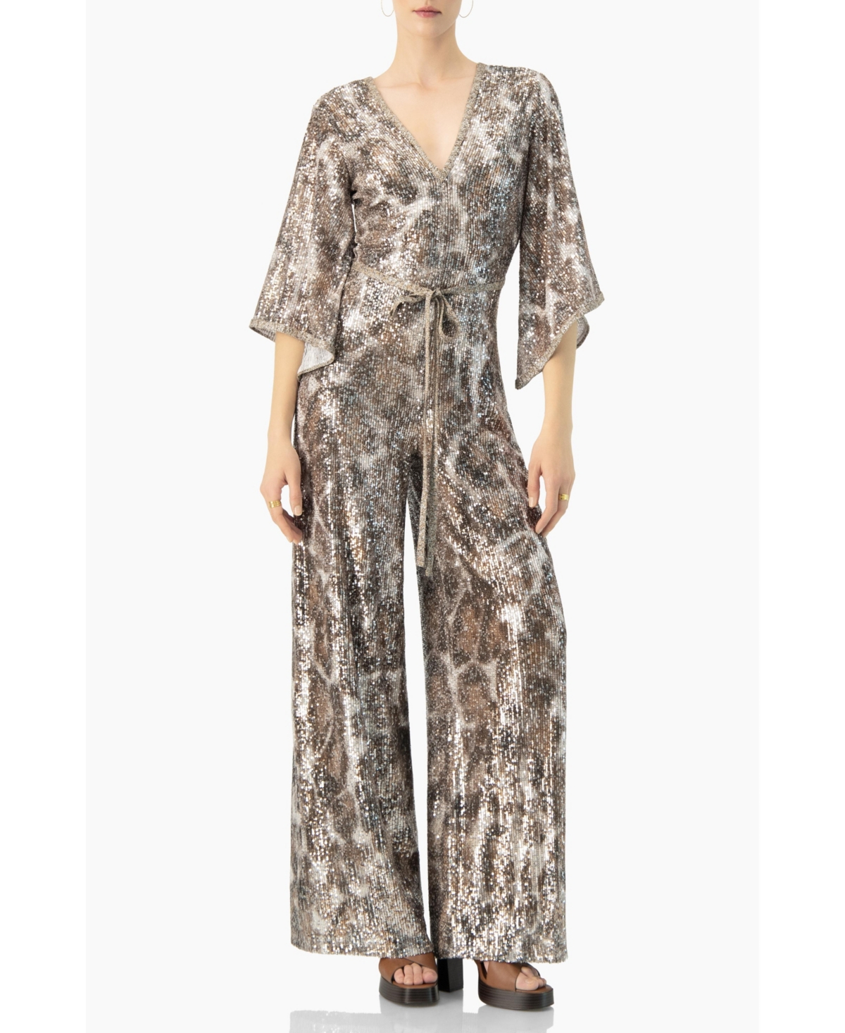 Click here for Ivonne Womens Sequin Wide Leg V-Neck Jumpsuit - Co... prices
