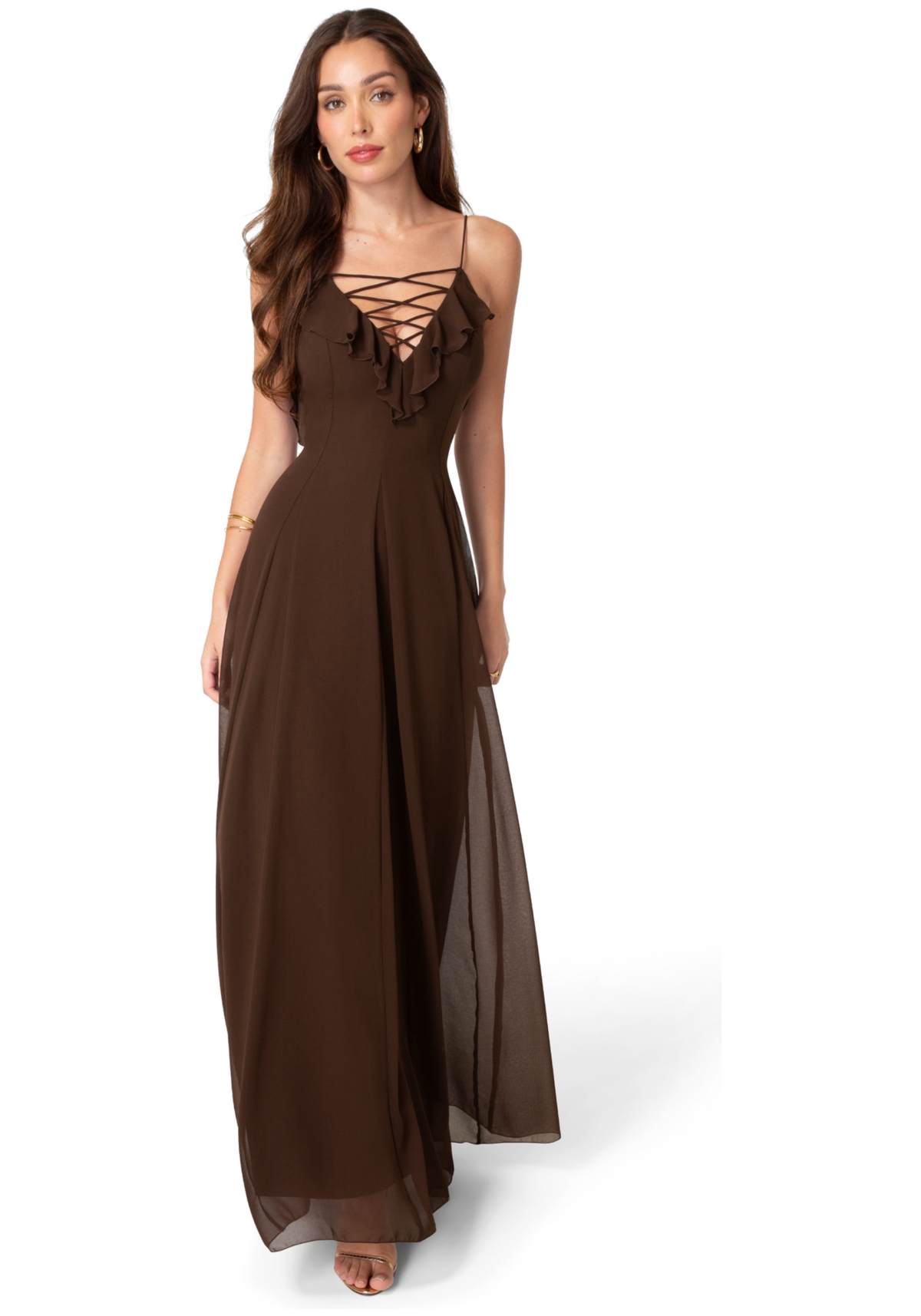 Click here for Bebe Womens Lace Up Ruffle Chiffon Maxi Dress - Ch... prices