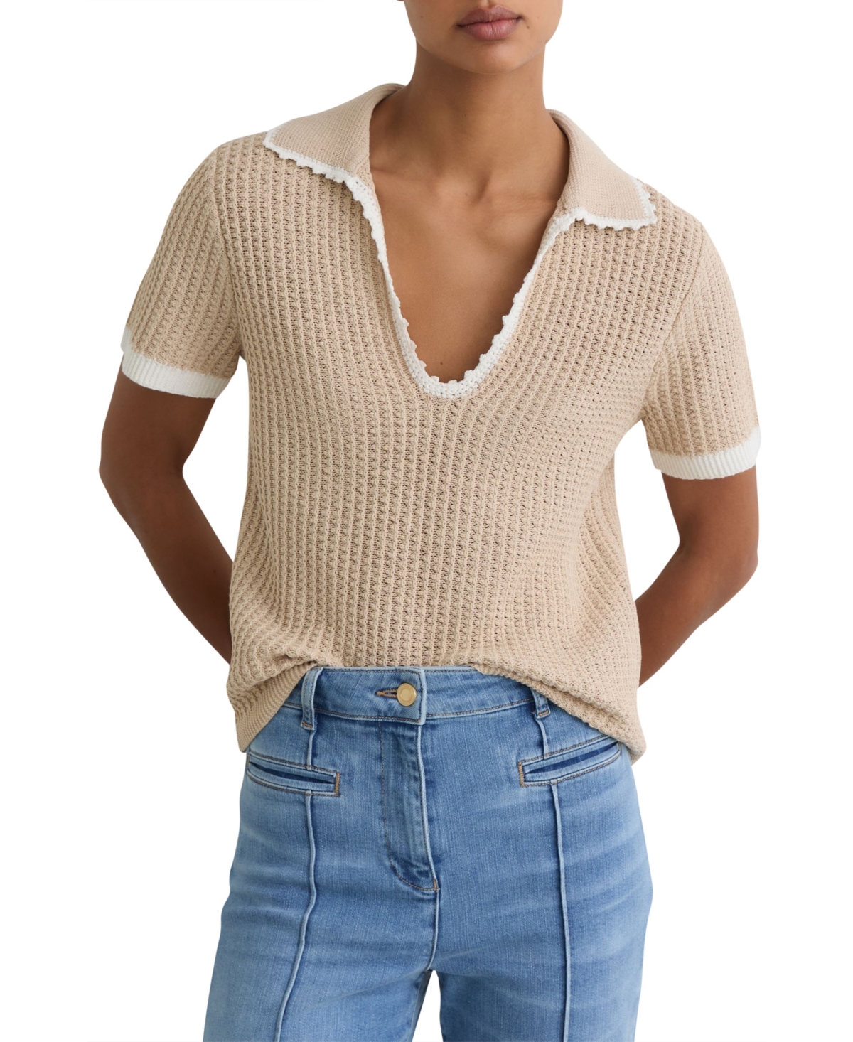 Click here for Reiss Womens Cotton-Linen Textured-Knit Top - Neut... prices