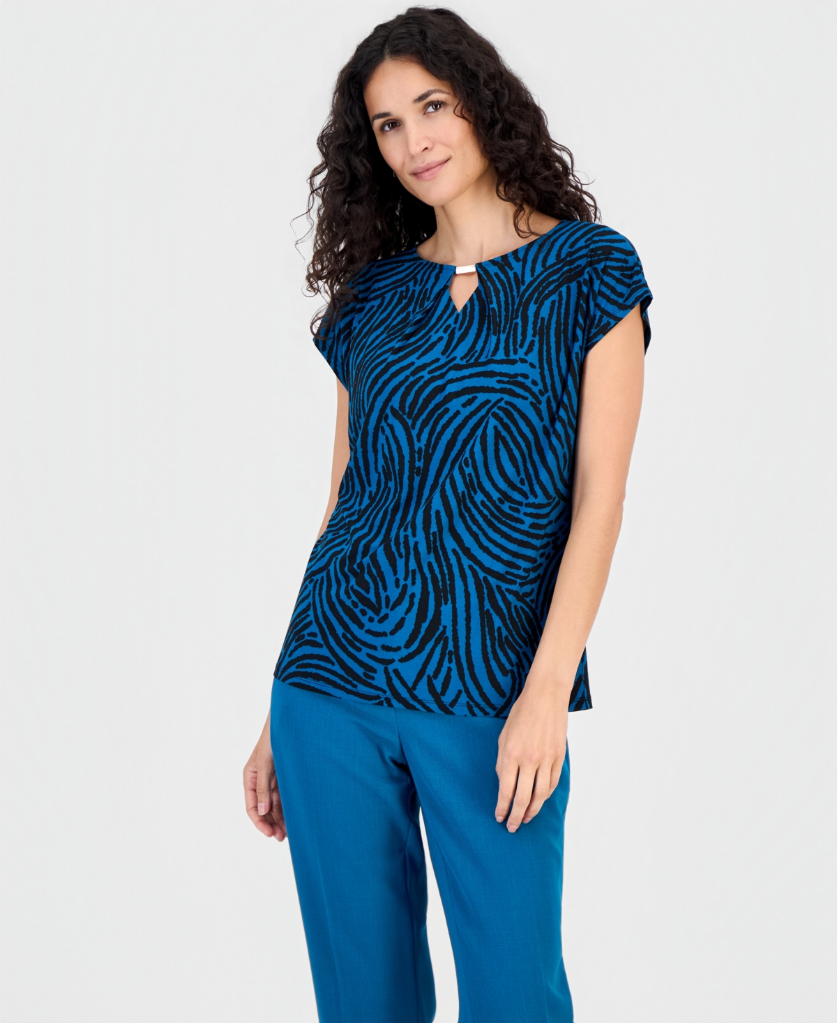 Click here for Kasper Womens Printed Diamond-Neck Blouse - Multi prices
