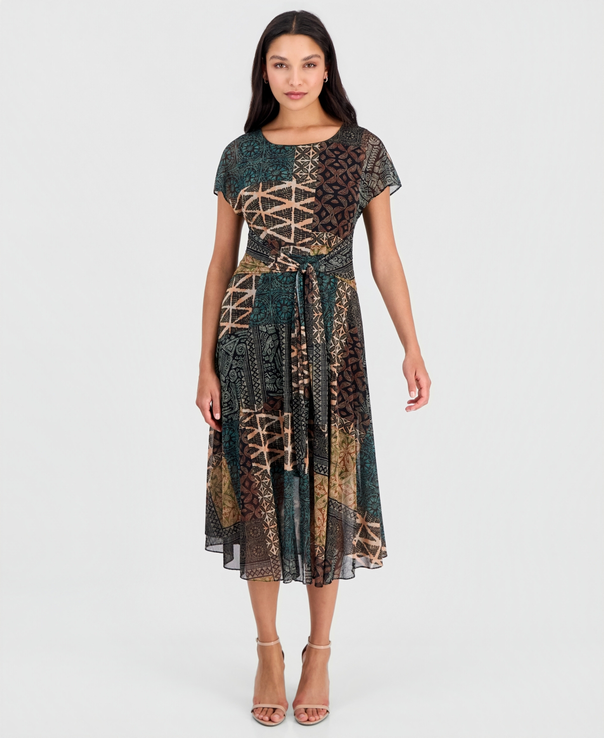 Click here for Robbie Bee Womens Printed Tie-Front Midi Dress - B... prices