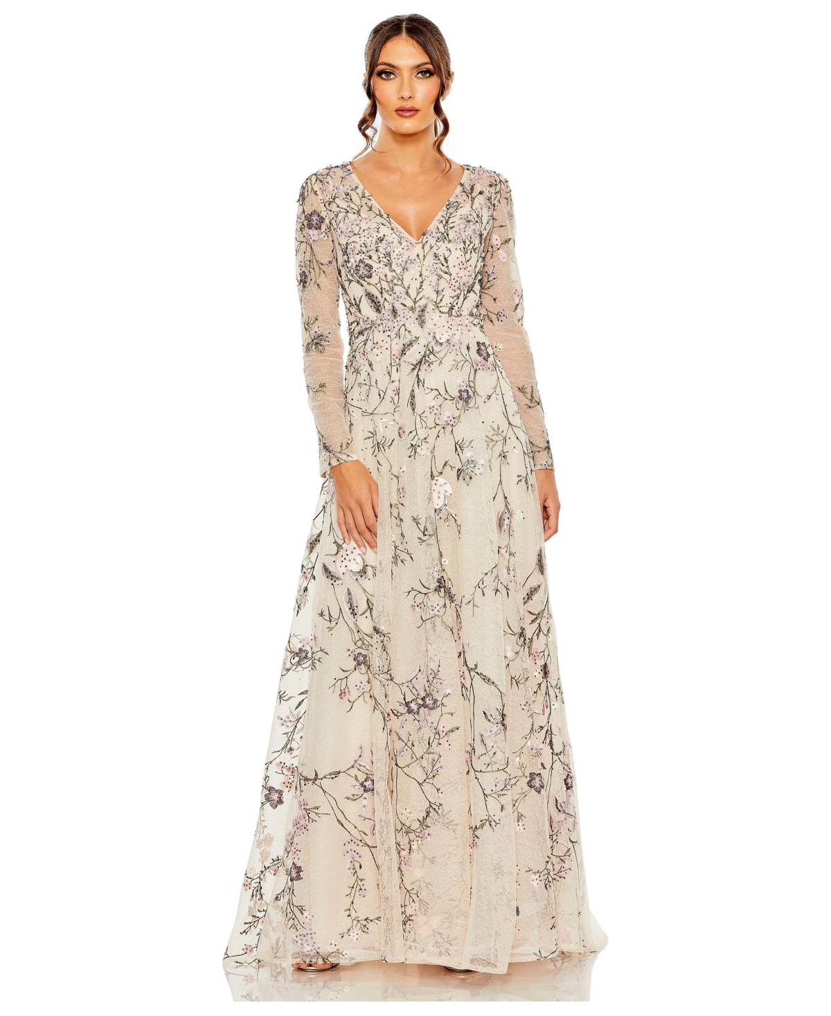 Click here for Mac Duggal Womens V Neck Long Sleeve Embroidered A... prices