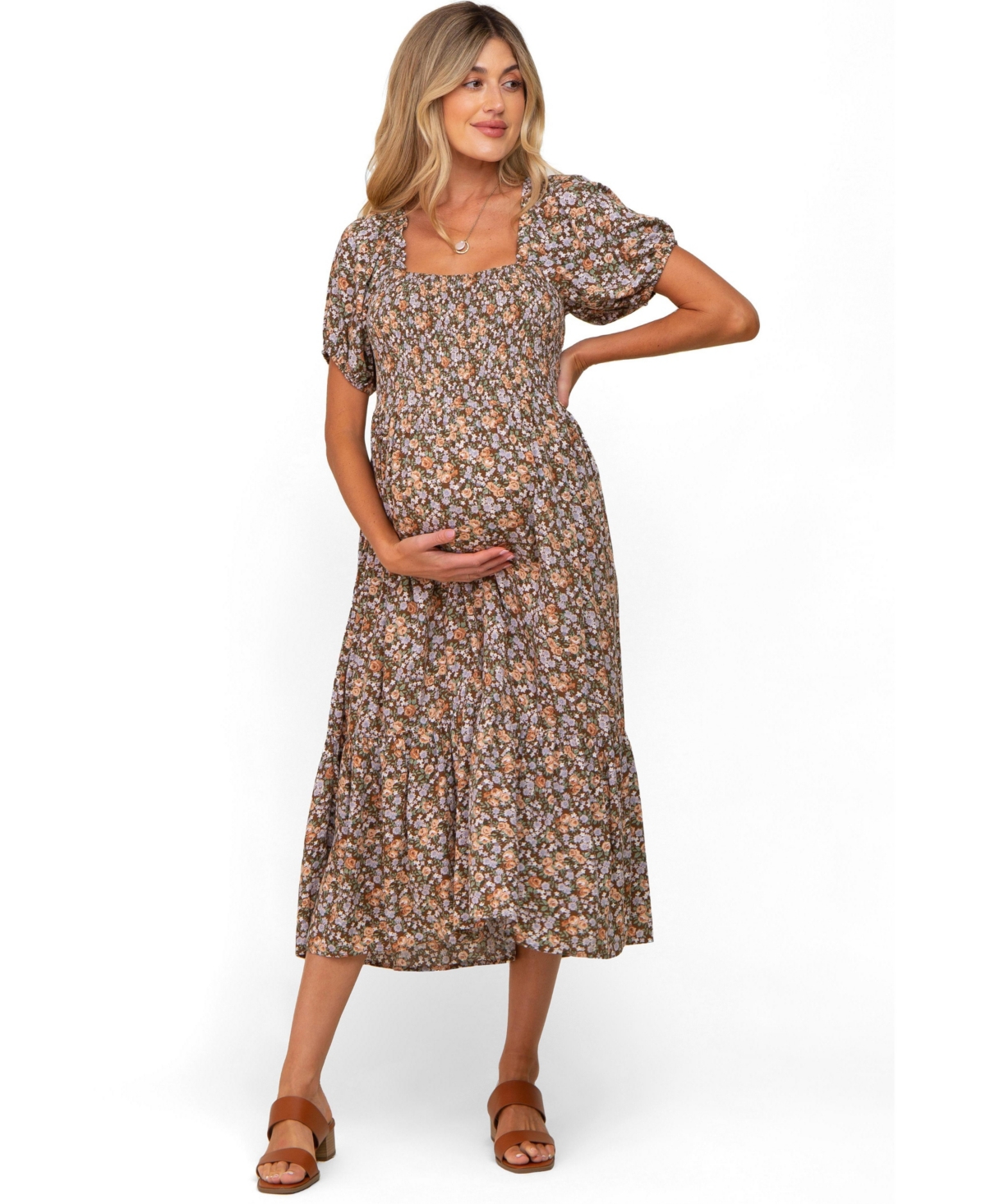 Click here for Pinkblush Maternity Taupe Floral Smocked Puff Slee... prices
