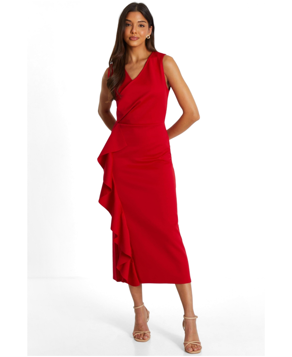 Click here for Quiz Womens Scuba Crepe Frill Wrap Midi Dress - Re... prices