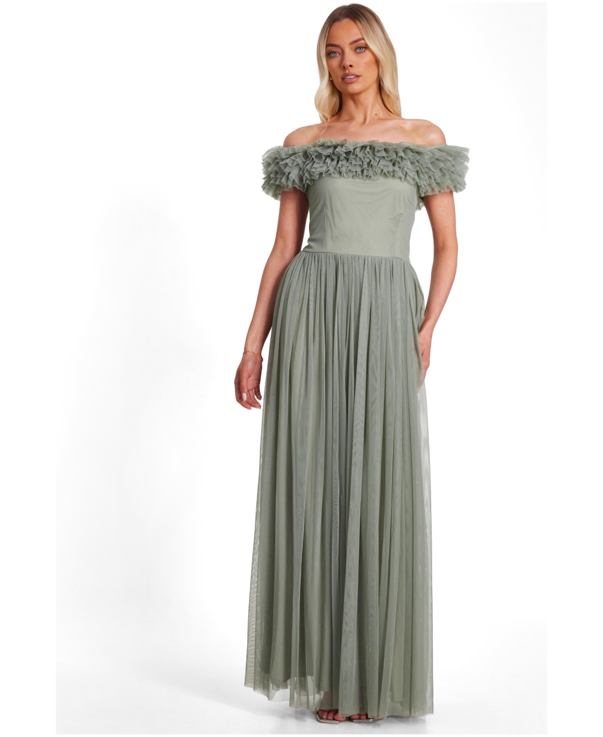Click here for Quiz Womens Mesh Bardot Maxi Dress - Sage prices