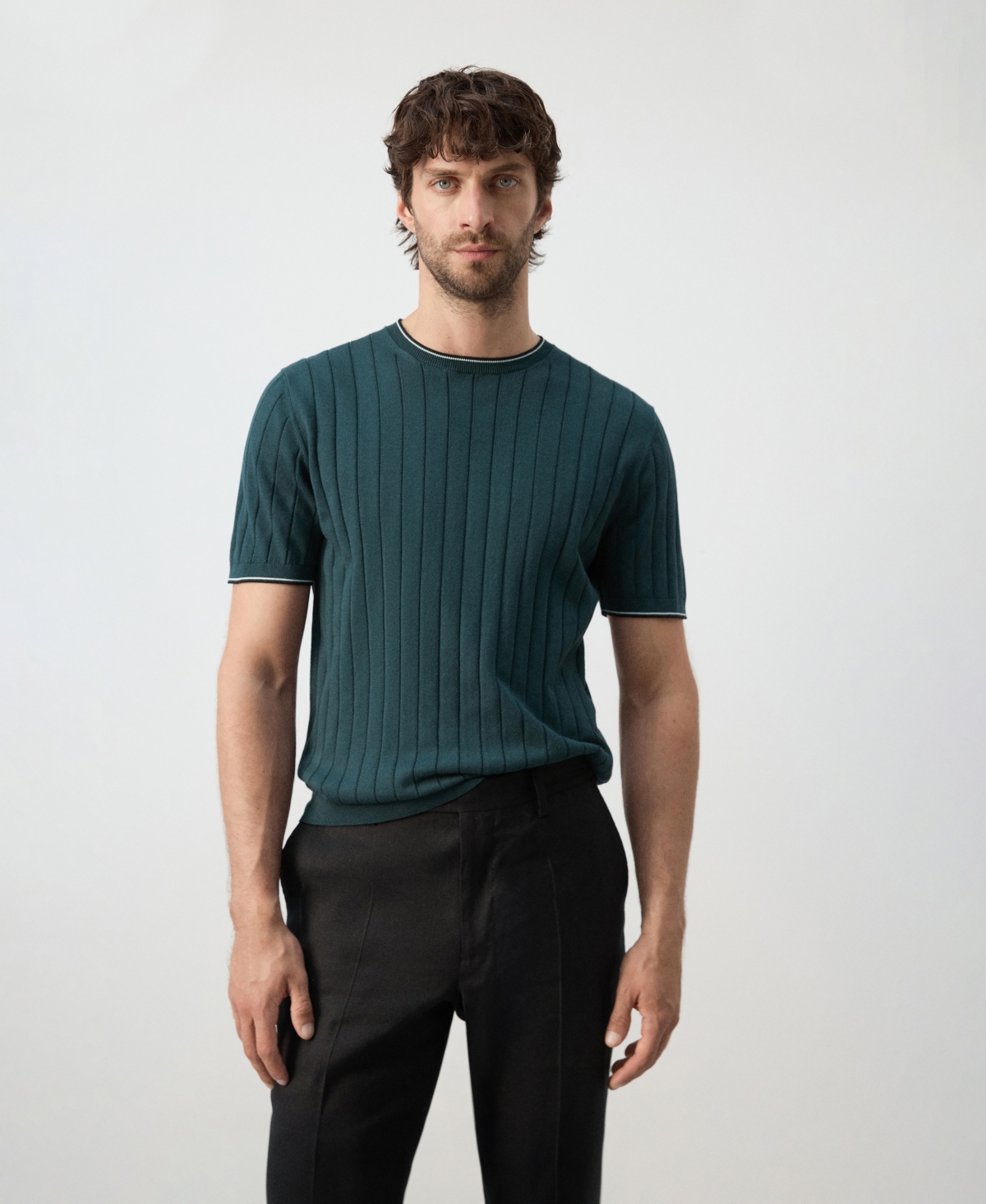 Click here for Mango Mens Fine-Knit Cotton T-Shirt - Forest Green prices