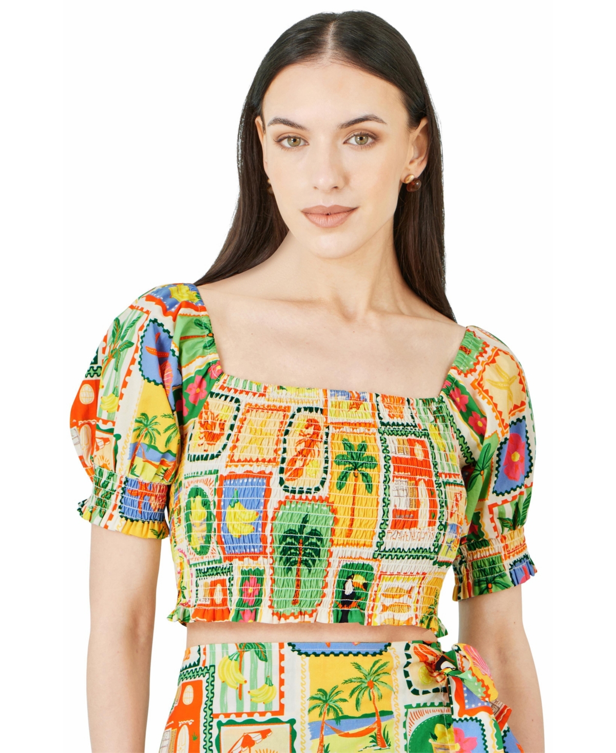 Click here for Yumi Womens Cropped Shirred Postcard Print Top - M... prices