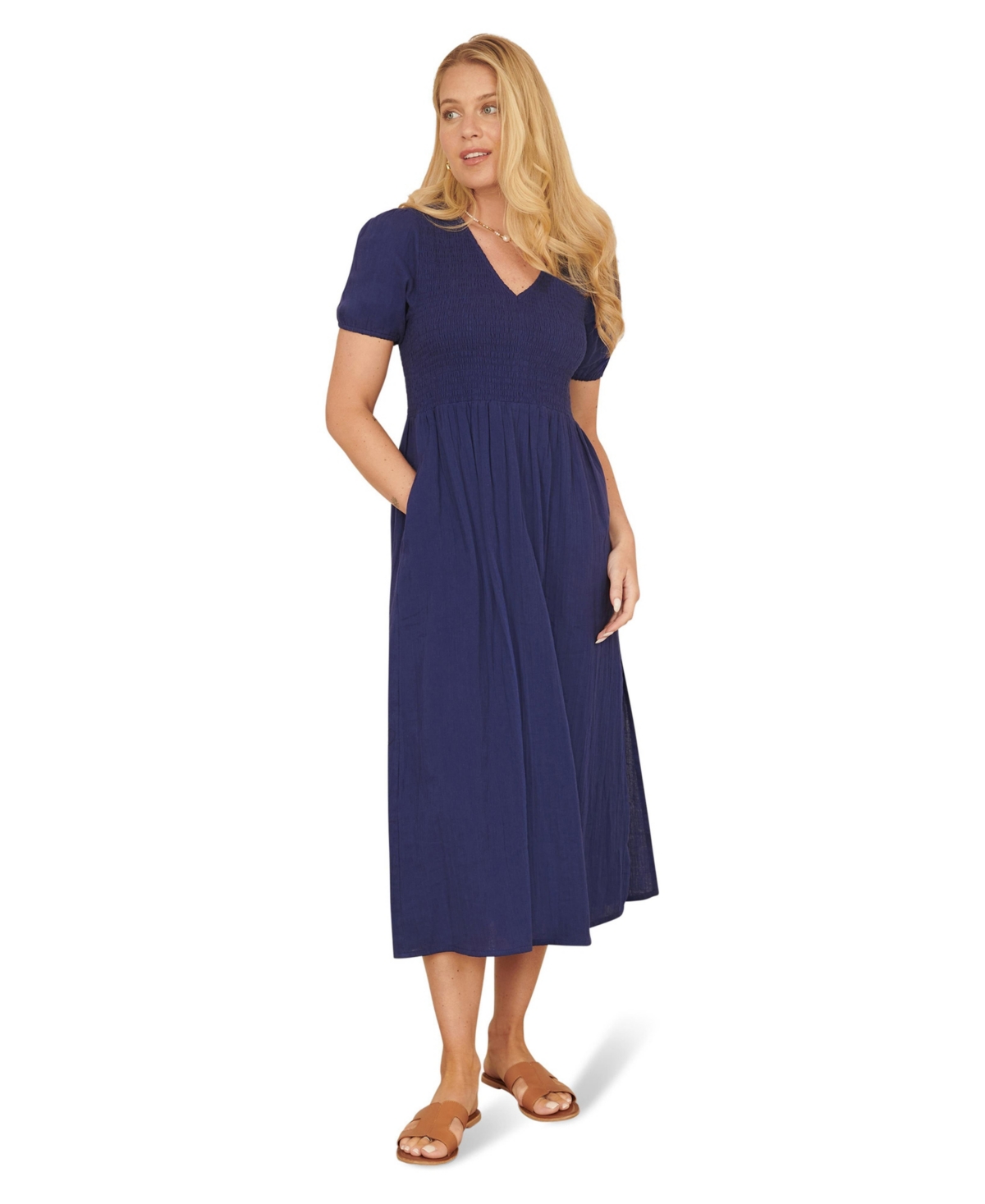 Click here for Yumi Womens Double Cotton Ruched Midi Dress - Navy prices