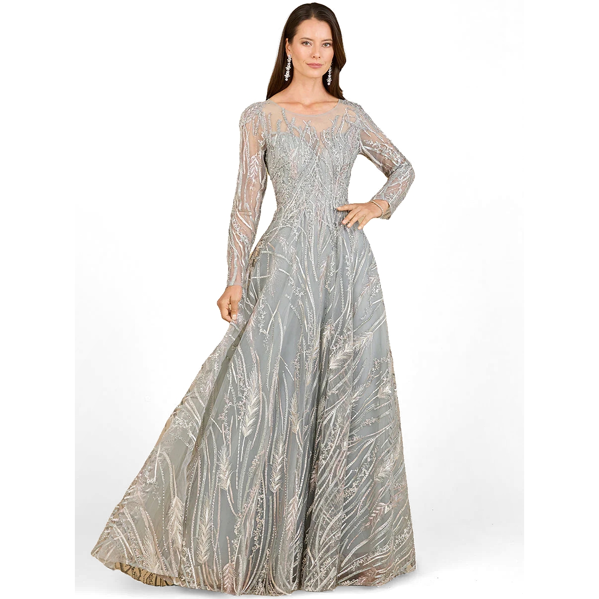 Click here for Lara Womens Long Sleeve Illusion Neck Gown - Silve... prices