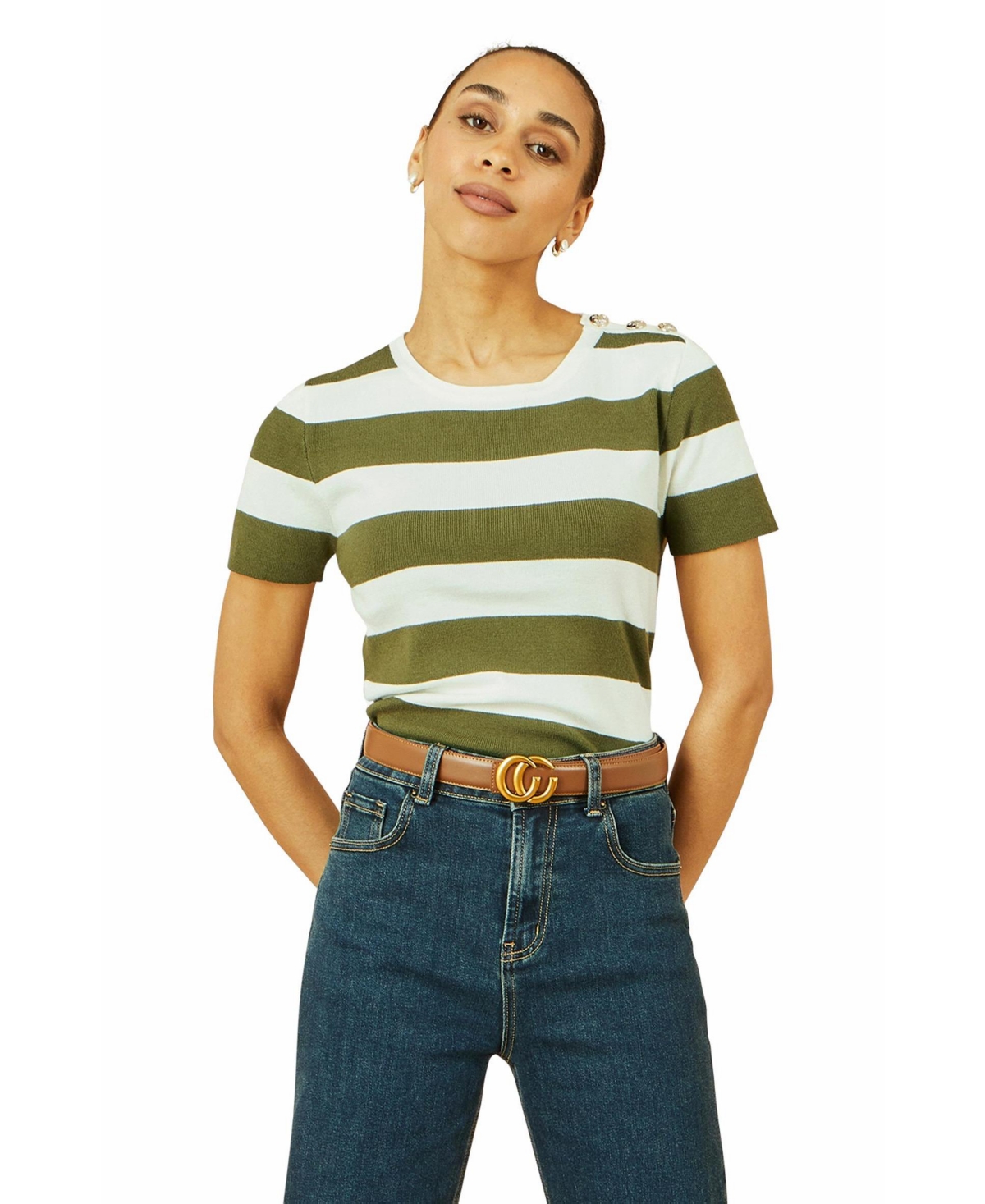 Click here for Yumi Womens Block Stripe Knitted Top - Green prices