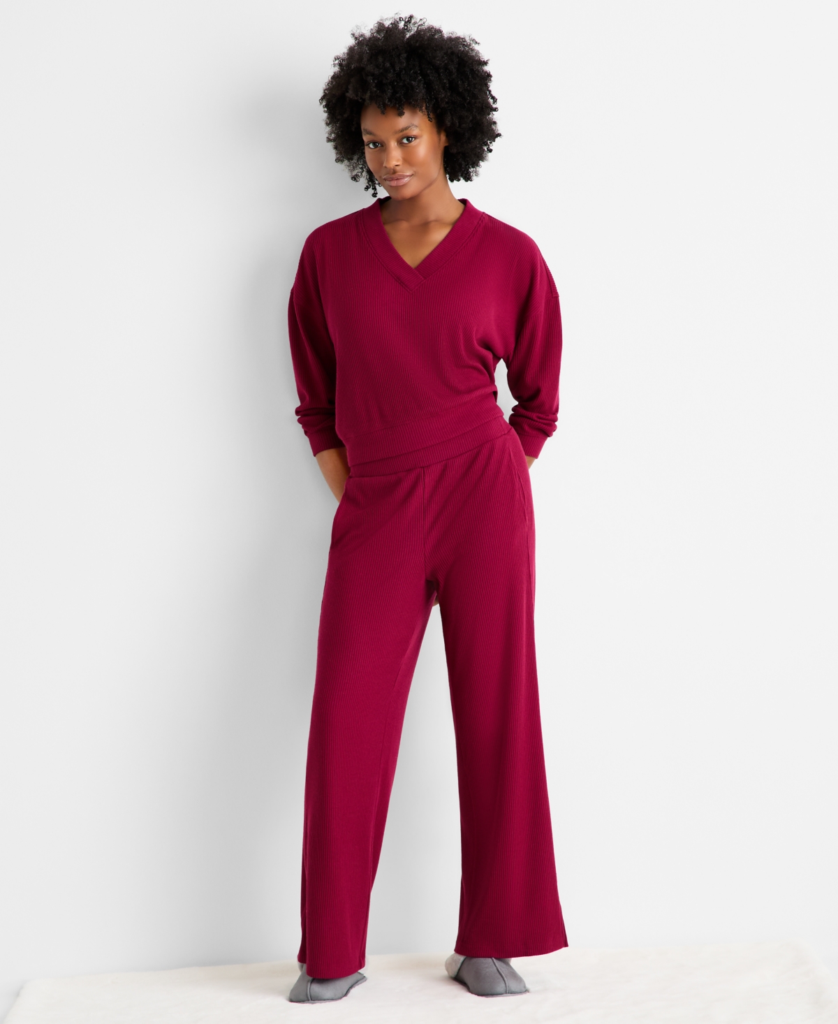 Click here for State of Day Womens Ribbed V-Neck Lounge Pant Set... prices