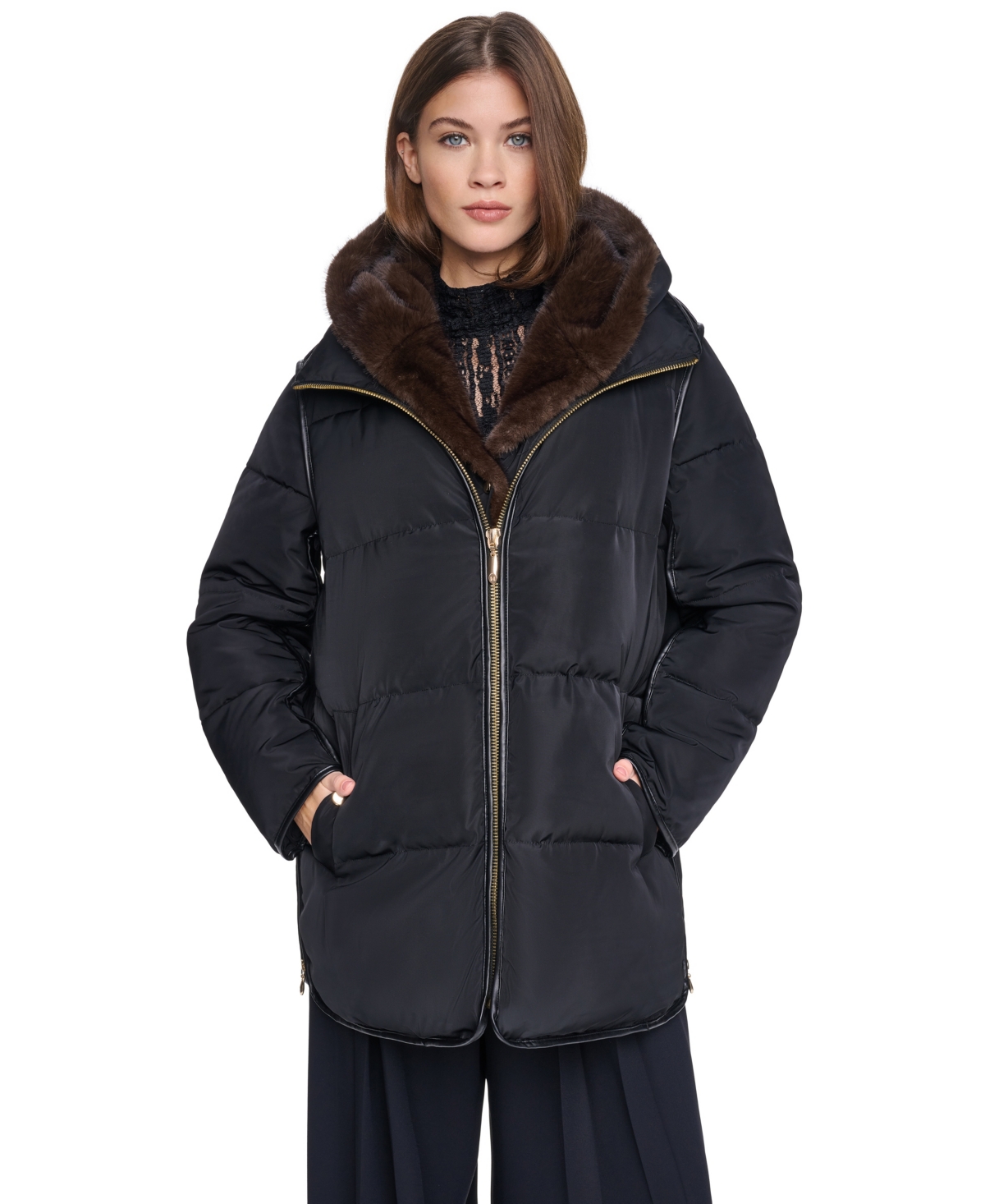 Click here for Halston Womens Faux Fur Bibbed Hooded Puffer - Bla... prices