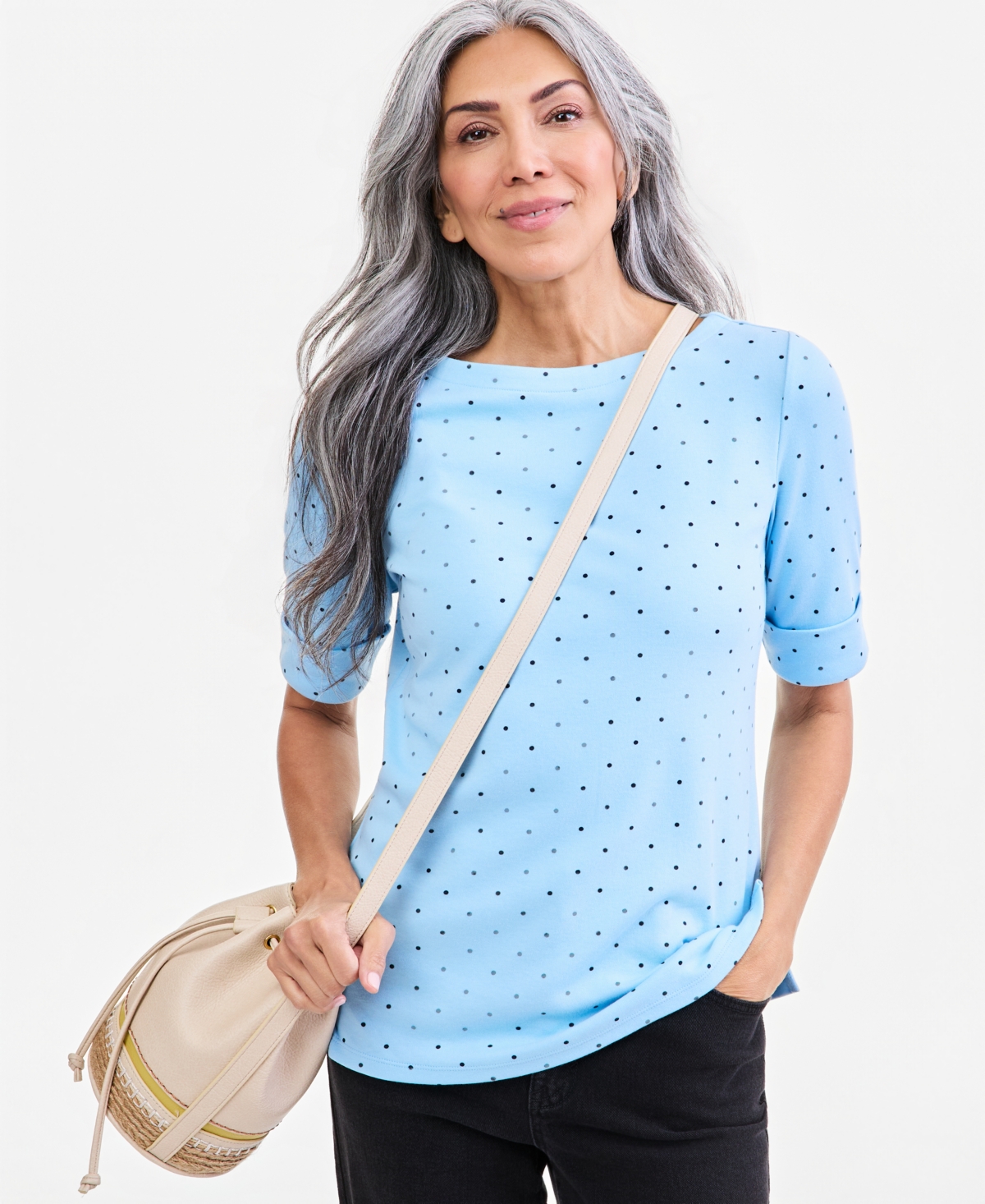Click here for Style & Co Womens Printed Boat-Neck Elbow-Sleeve T... prices