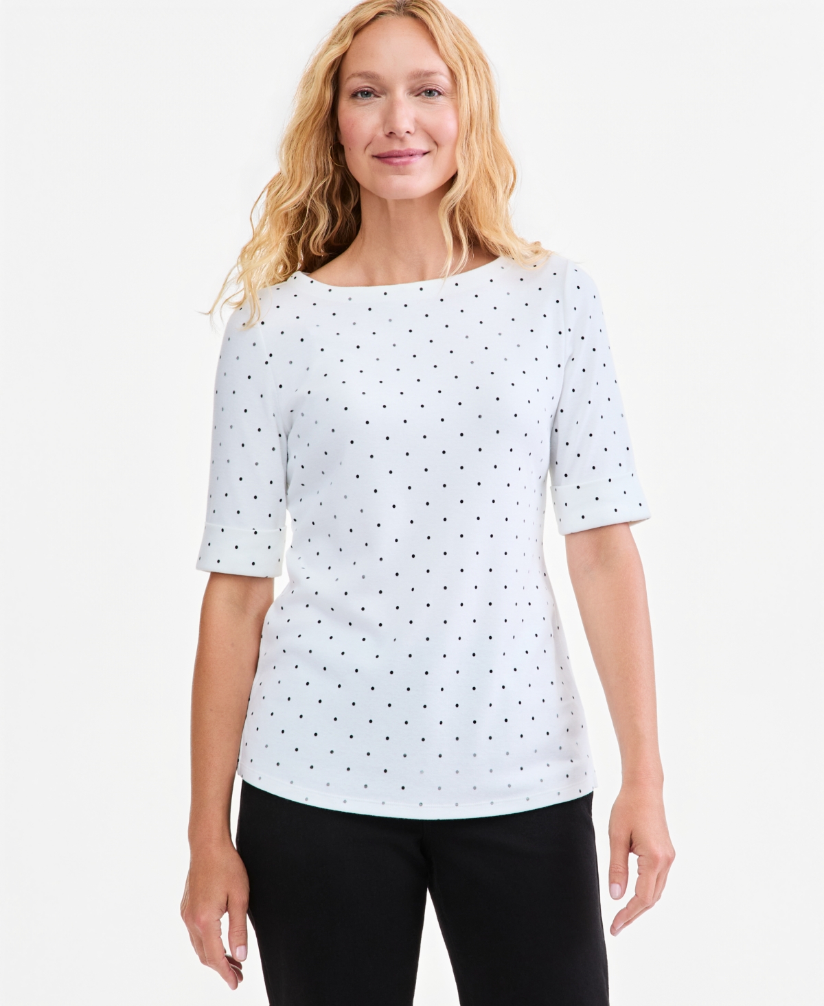 Click here for Style & Co Womens Micro Polka Dot Boat-Neck T-Shir... prices