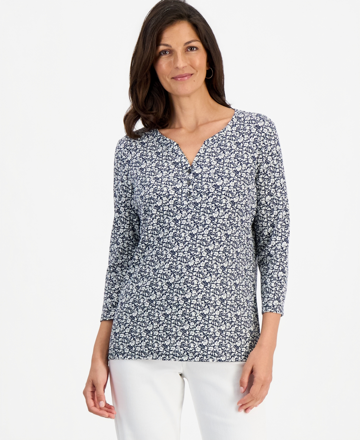 Click here for Style & Co Womens Printed 3/4-Sleeve Henley Top  M... prices