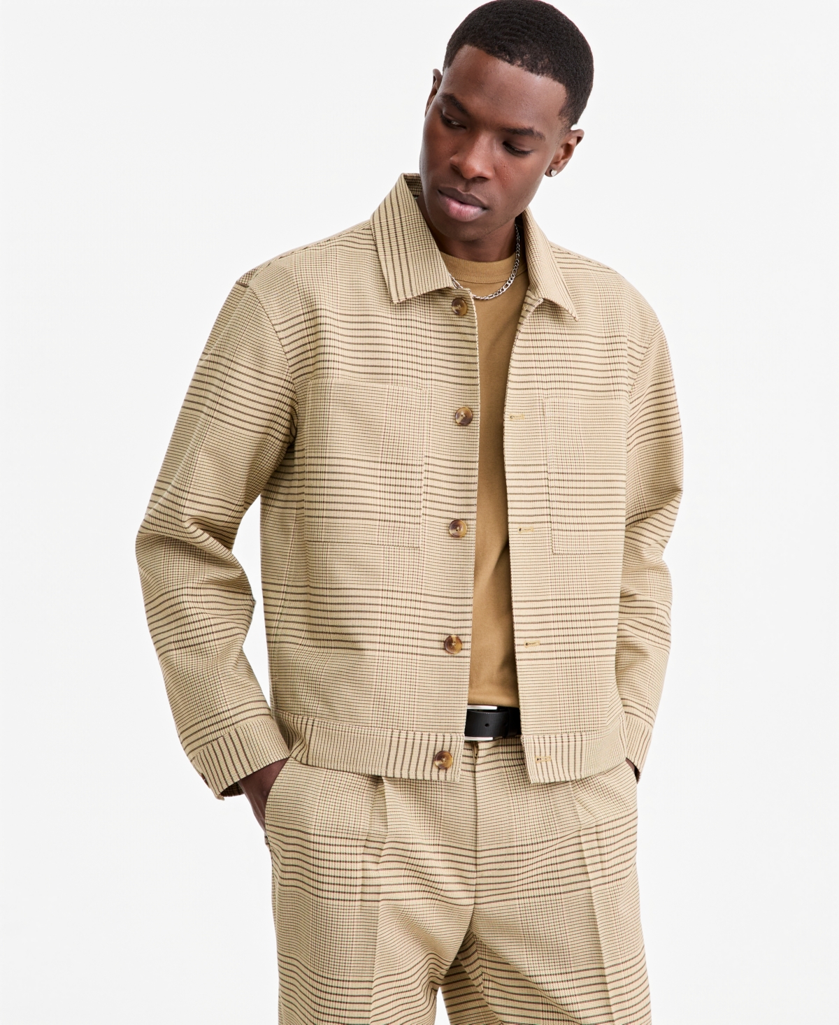 Click here for Mode of One Mens Glen Plaid Relaxed-Fit Stretch Ov... prices