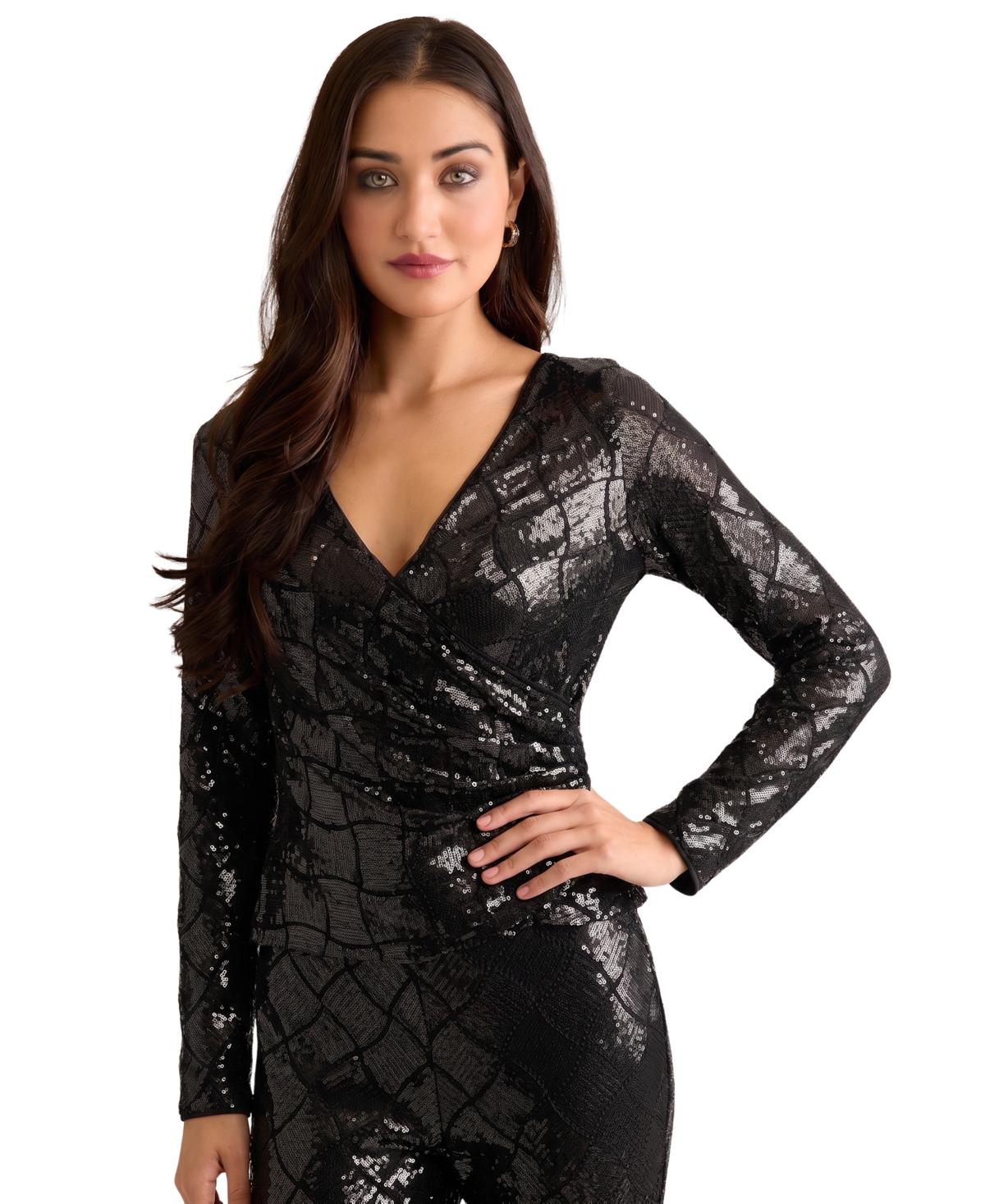 Click here for Muse Womens Long-Sleeve Sequin Wrap Top - Black prices