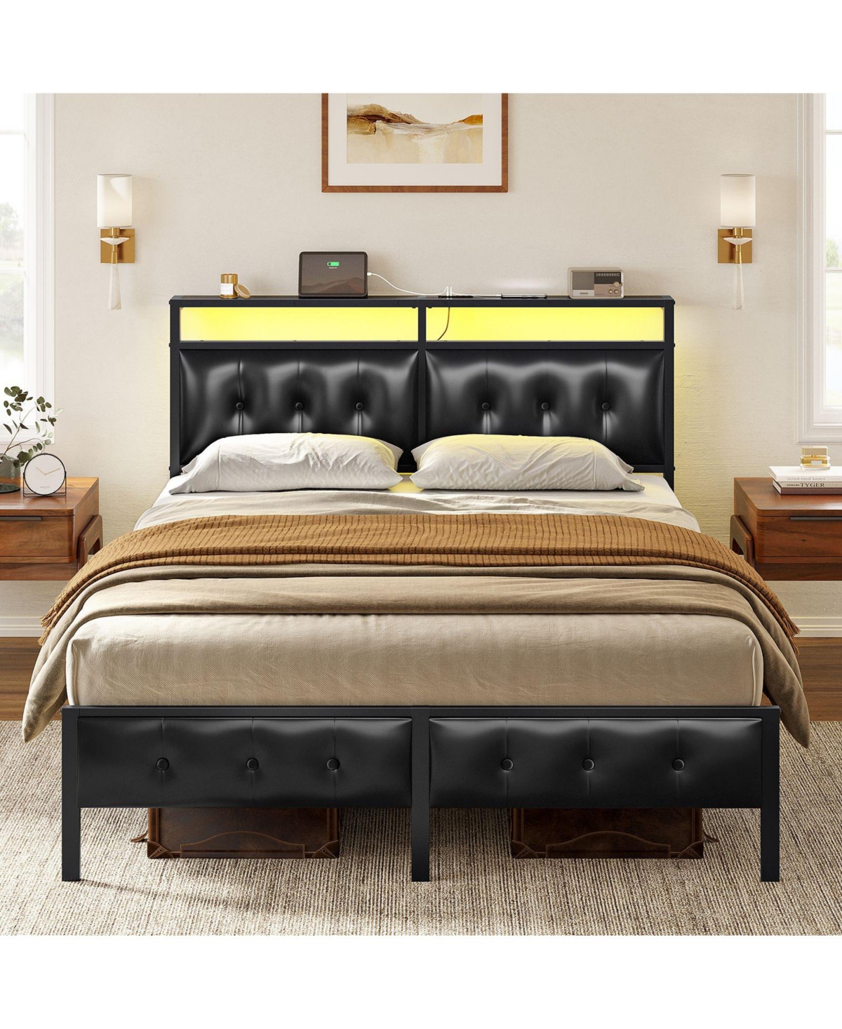 Click here for Hausource Queen Bed Frame with Storage Headboard &... prices