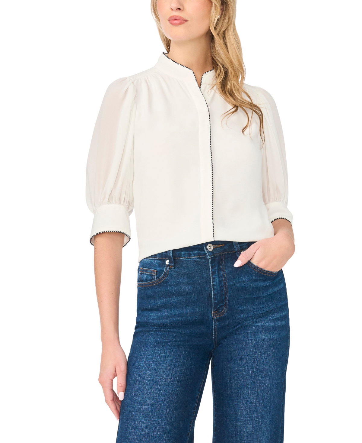 Click here for CeCe Womens Pearce Puff-Sleeve Open Collar Top - U... prices