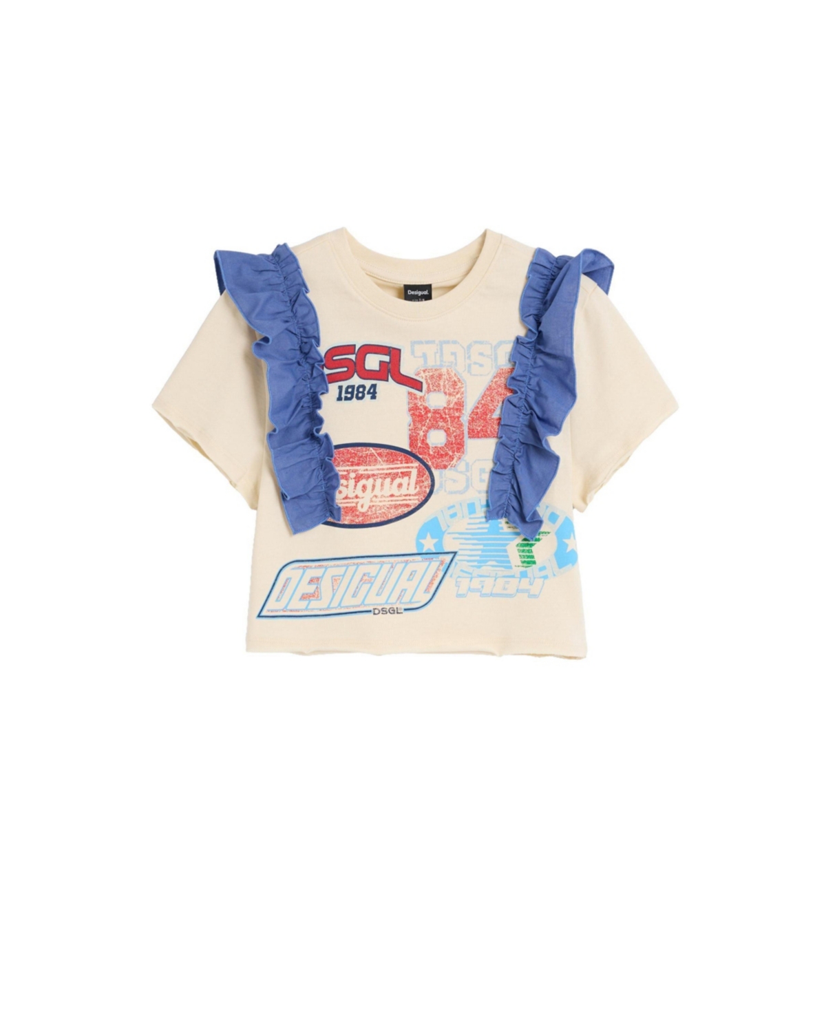 Click here for Desigual Girls Girlss Printed ruffle T-shirt - Off... prices