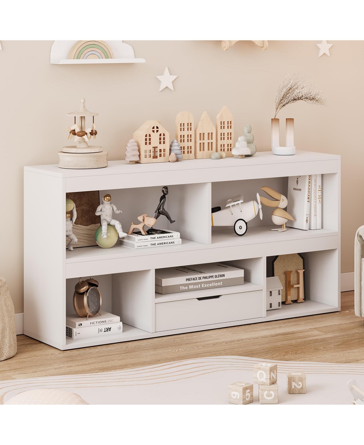 Click here for homfan 2-Tier Wooden Bookcase with 5 Cubbies and 1... prices
