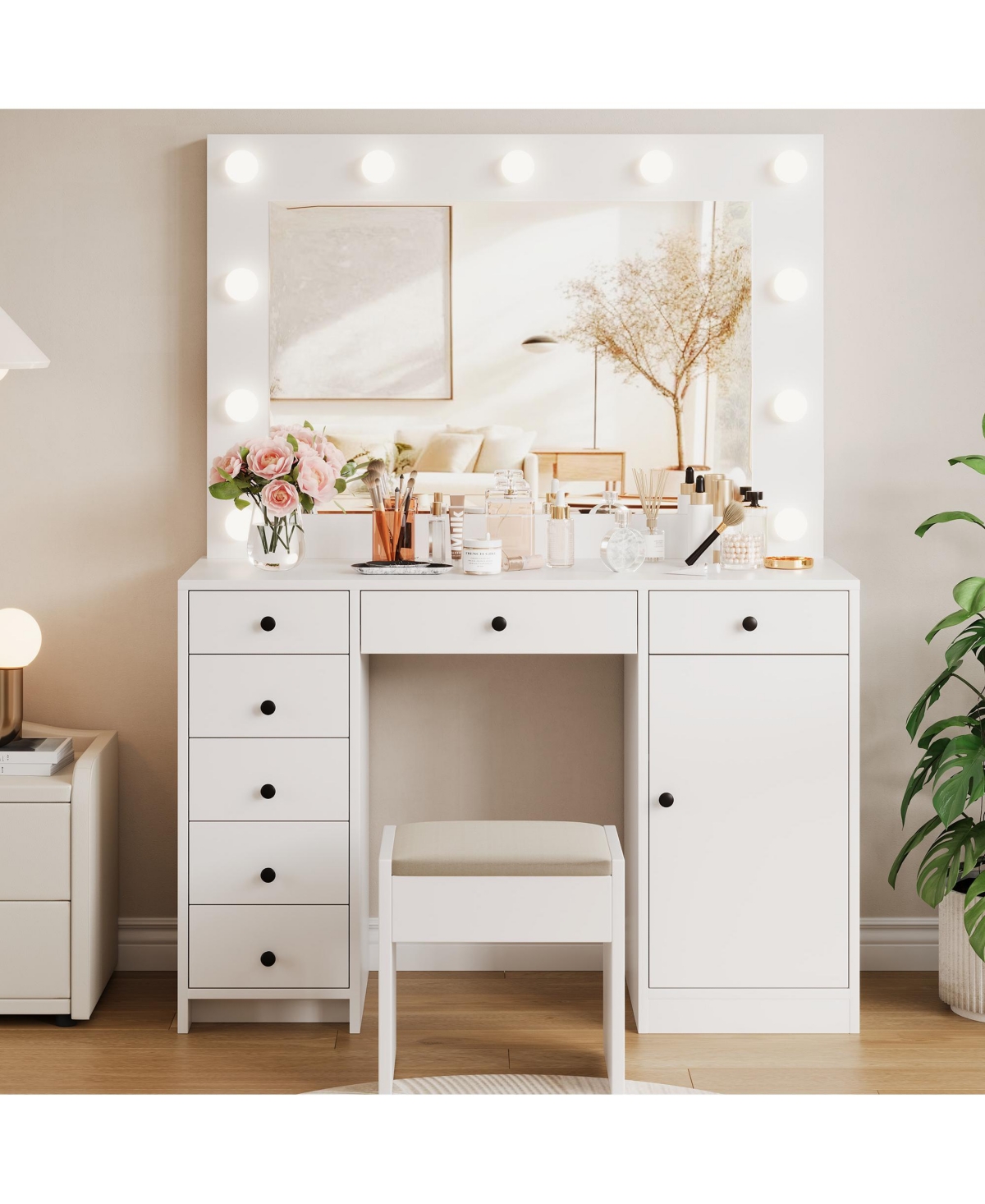 Click here for homfan Wooden Vanity Desk  Hd Mirror with 11 Led L... prices
