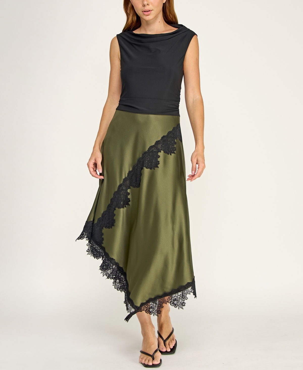 Click here for Row A Juniors Cowl Neck Midi Dress - Black/Green prices