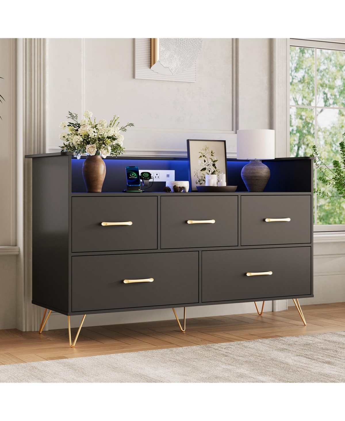 Click here for homfan 5 Drawer Dresser with Led Light and Chargin... prices