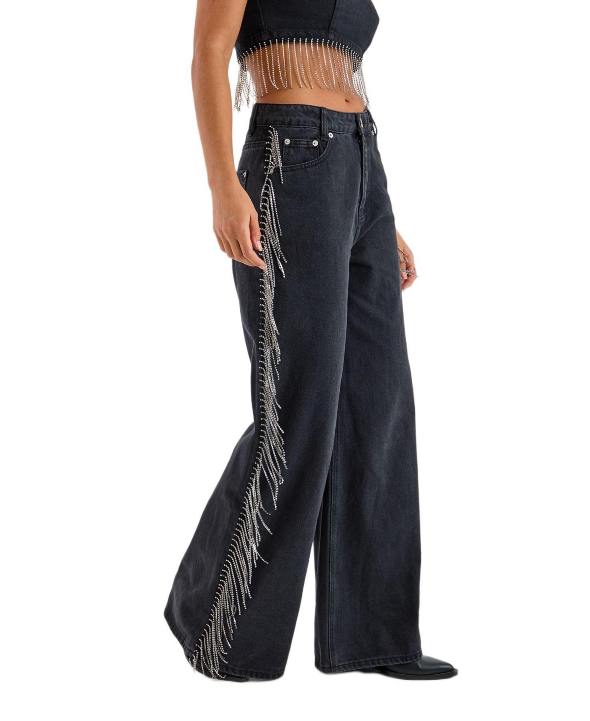 Click here for Nasty Gal Womens Denim Diamonte Tassel Straight Le... prices