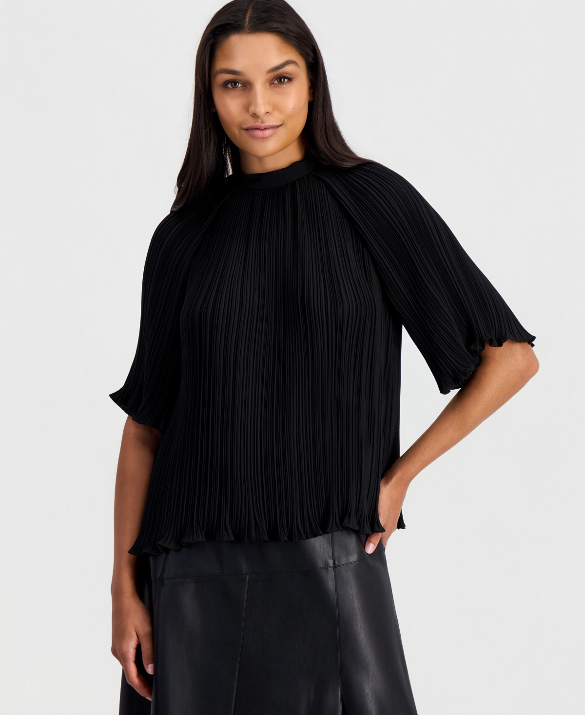 Click here for T Tahari Womens Elbow-Sleeve Pleated Blouse - Blac... prices