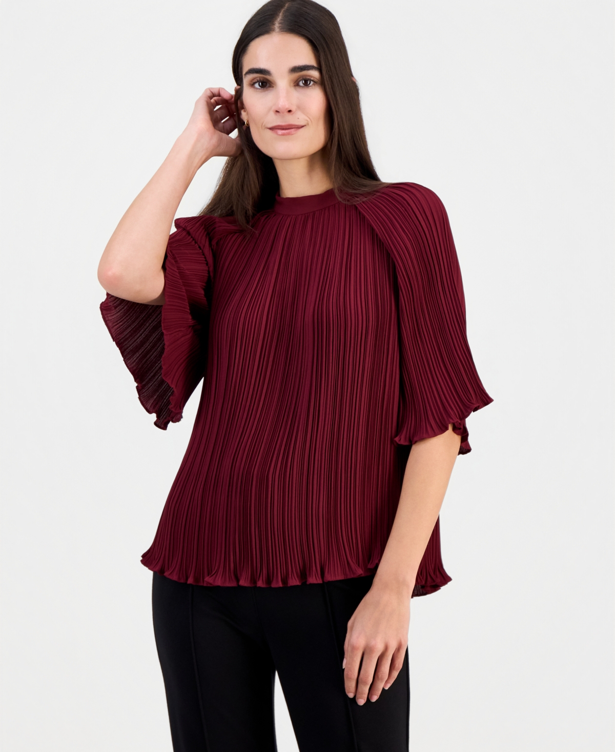 Click here for T Tahari Womens Elbow-Sleeve Pleated Blouse - Clas... prices