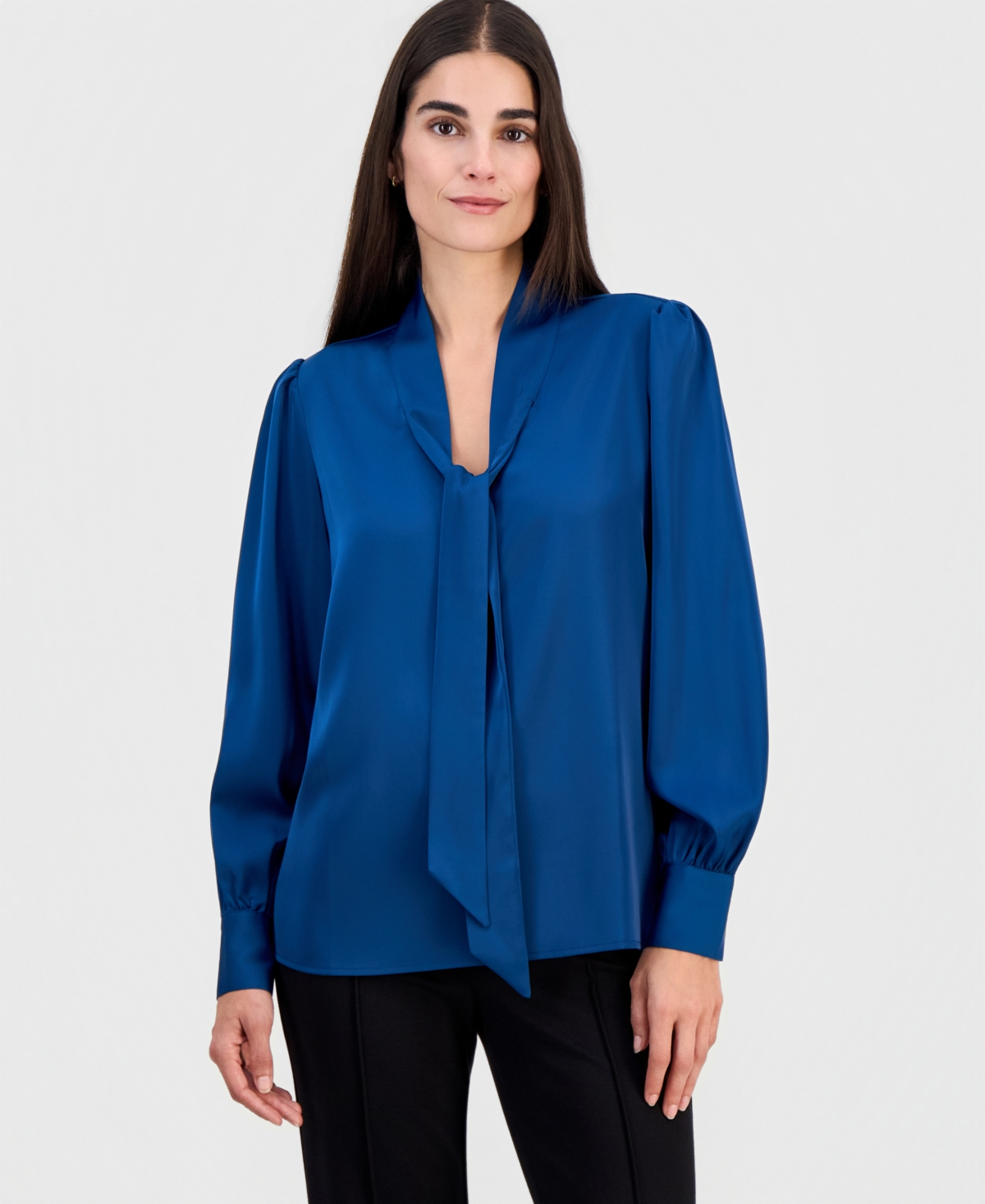 Click here for T Tahari Womens Tie-Neck Long-Sleeve Blouse - Blue... prices