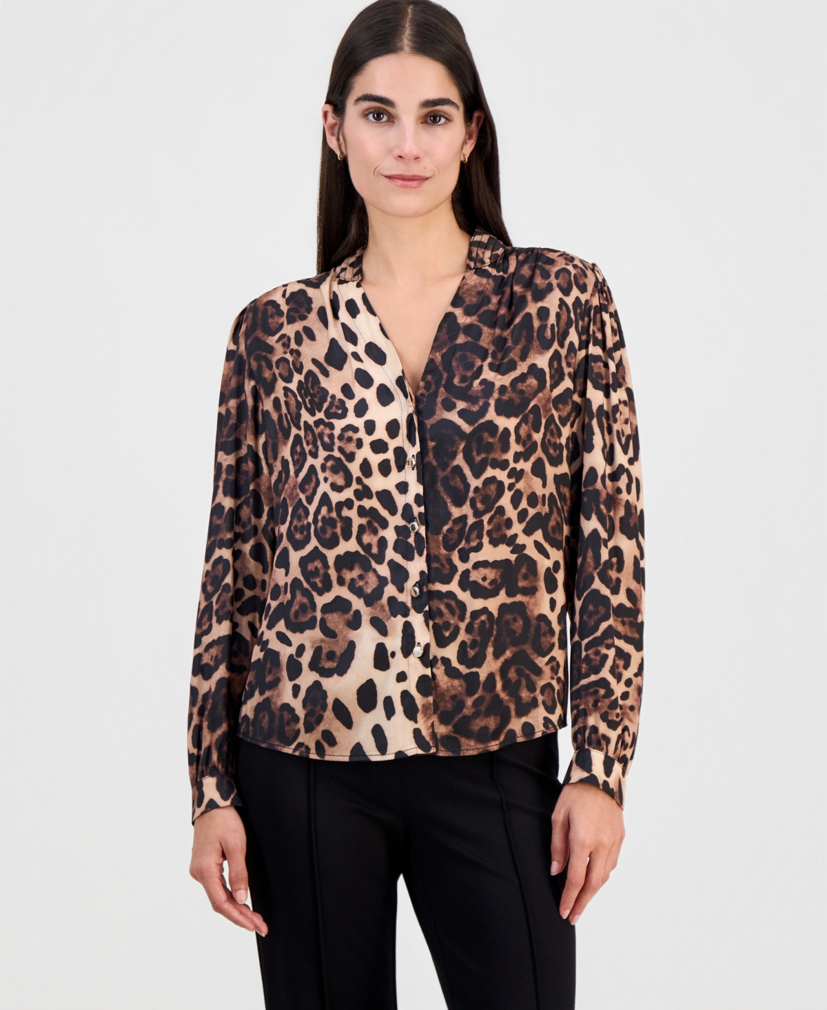 Click here for T Tahari Womens Printed Split-Neck Button-Down Blo... prices